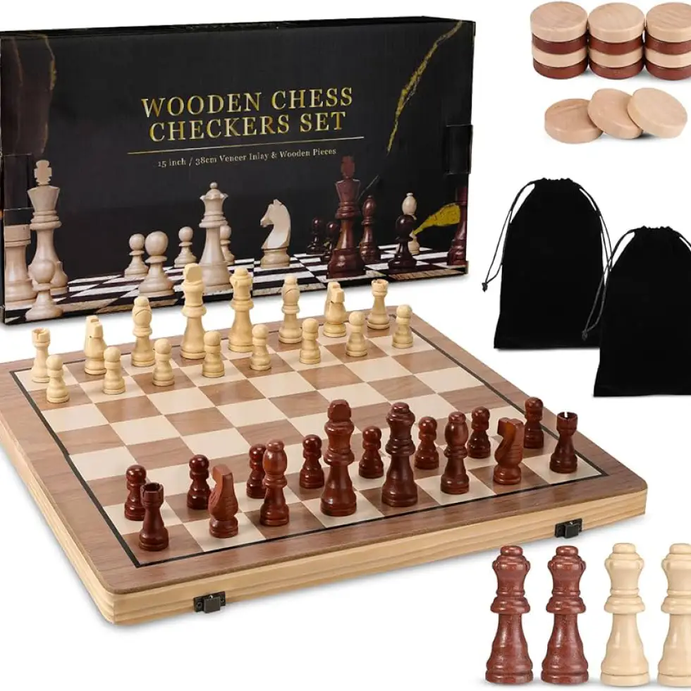 15" Wooden Chess Sets - Chess & Checkers Board Game For Pass ...